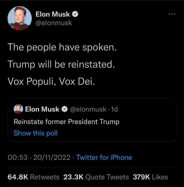 Donald Trump’s Twitter Account Now Active -Says Twitter Boss Elon Musk