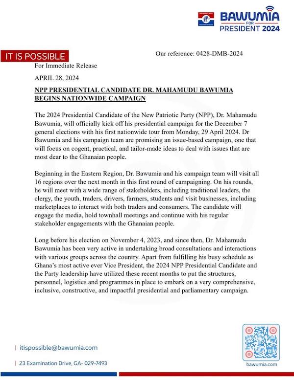 Dr. Bawumia to Launch Nationwide Campaign on Monday